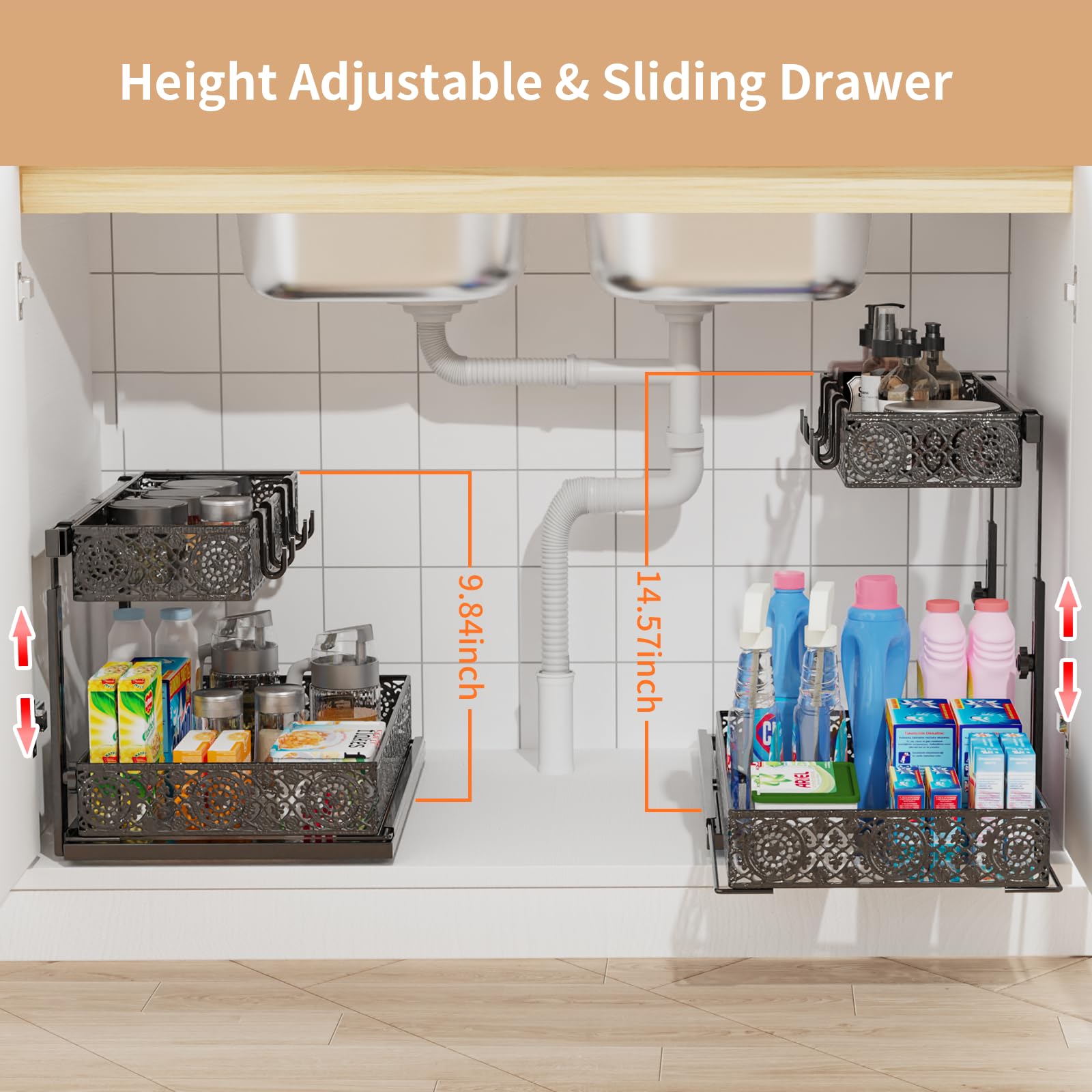 Iirios Under Sink Organizer and Storage, Height Adjustable 2-Tier Under Sink Shelf with Sliding Drawer and 4 Hooks, Metal Multi-Use Cabinet Under Sink Storage for Bathroom and Kitchen (Black)