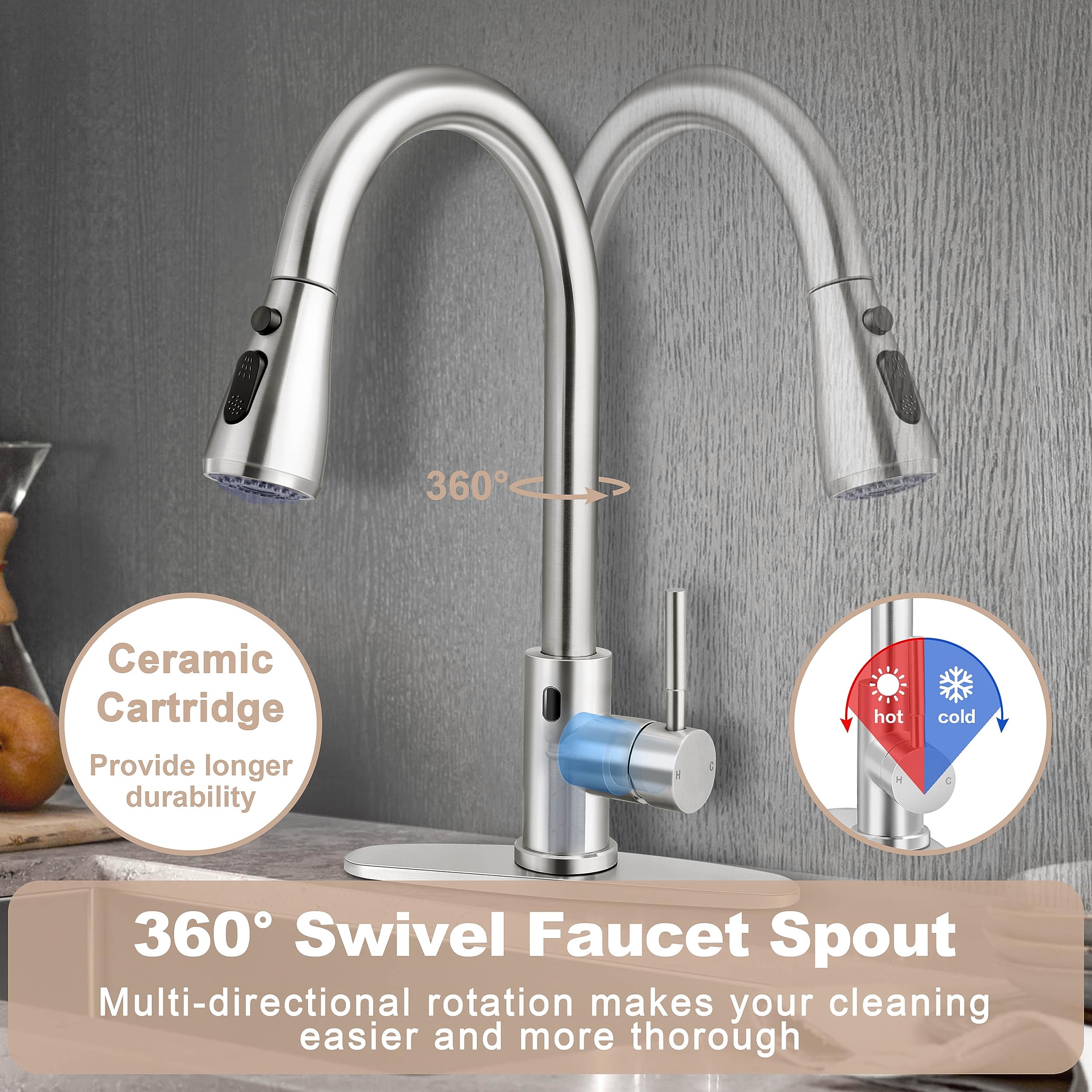 Touchless Kitchen Sink Faucet with Pull Down Sprayer, Herogo Brushed Nickel 18/10 Stainless Steel Smart Activated Faucet for Kitchen Sink, Single Handle Motion Sensor Kitchen Faucet for Farmhouse RV