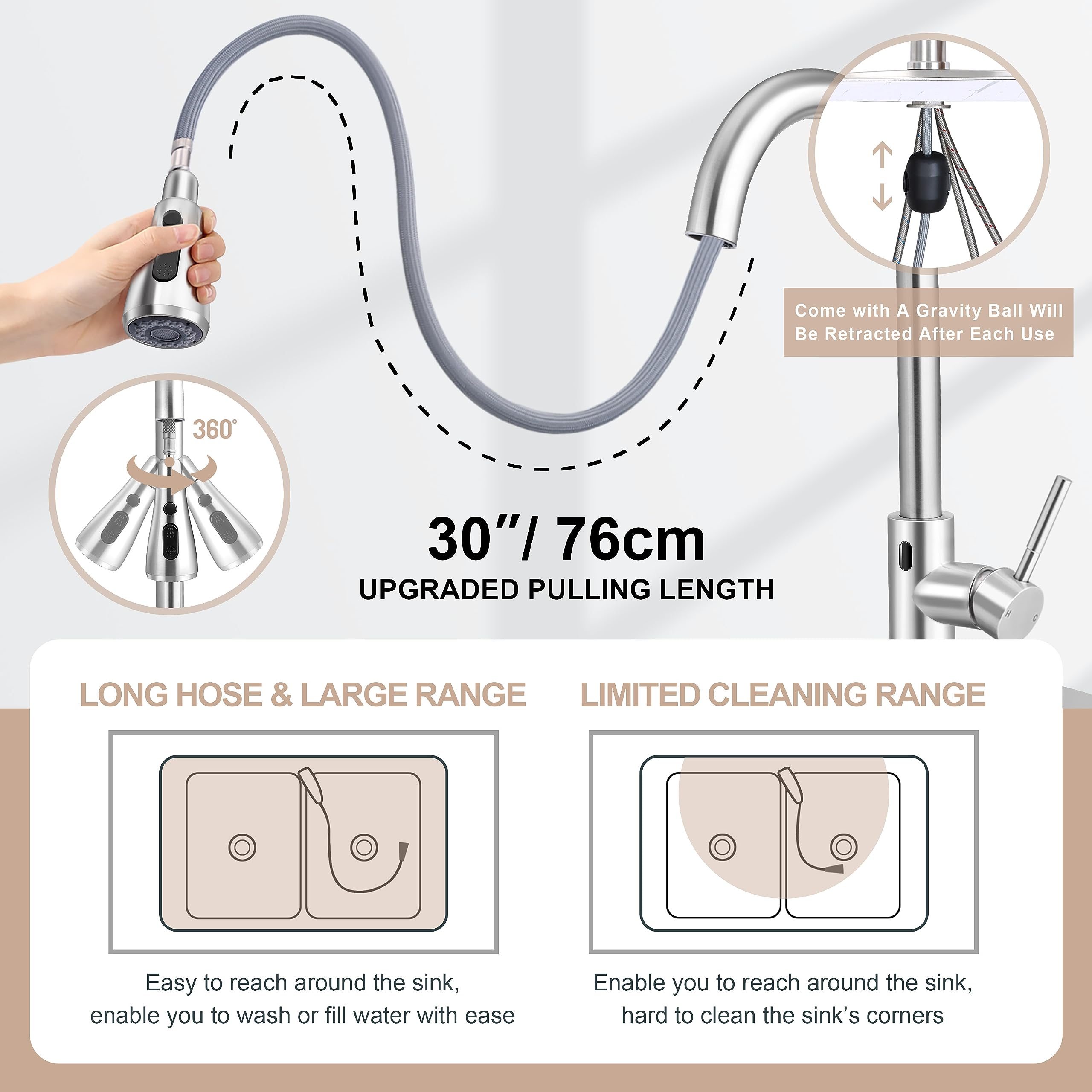 Touchless Kitchen Sink Faucet with Pull Down Sprayer, Herogo Brushed Nickel 18/10 Stainless Steel Smart Activated Faucet for Kitchen Sink, Single Handle Motion Sensor Kitchen Faucet for Farmhouse RV