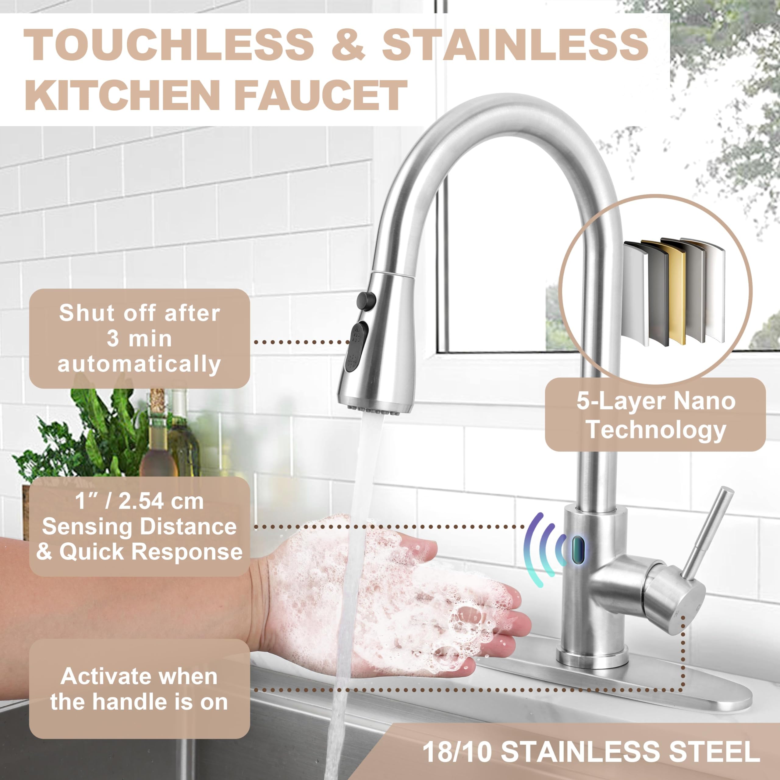 Touchless Kitchen Sink Faucet with Pull Down Sprayer, Herogo Brushed Nickel 18/10 Stainless Steel Smart Activated Faucet for Kitchen Sink, Single Handle Motion Sensor Kitchen Faucet for Farmhouse RV