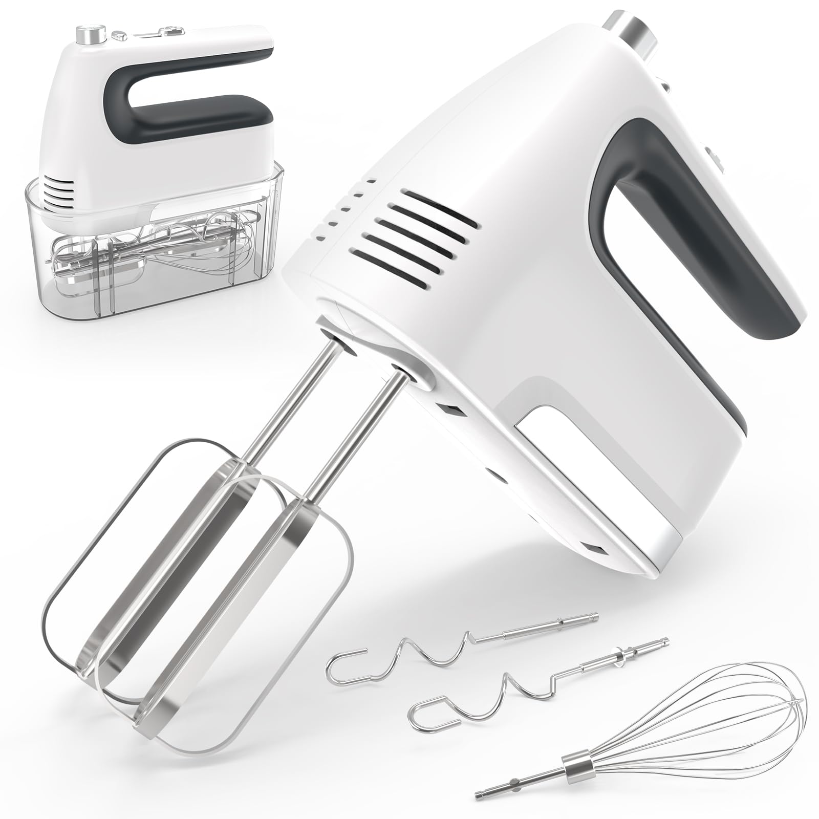 Yomelo Hand Mixer Electric 5-Speed, 400W Powerful Mixer for Baking, Mixer Electric Handheld with Storage Case, Turbo Boost and 5 Stainless Steel Accessories, Flat Beaters, Dough Hooks, Whisk -White