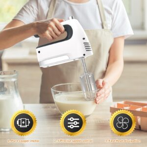 Yomelo Hand Mixer Electric 5-Speed, 400W Powerful Mixer for Baking, Mixer Electric Handheld with Storage Case, Turbo Boost and 5 Stainless Steel Accessories, Flat Beaters, Dough Hooks, Whisk -White