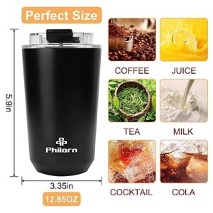 PHILORN Travel Coffee Mug Spill Proof -12 OZ Insulated Coffee Mug With Lid, Black Stainless Steel Coffee Mug with Double Wall, Coffee Cup For Hot and cold Drinks