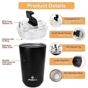 PHILORN Travel Coffee Mug Spill Proof -12 OZ Insulated Coffee Mug With Lid, Black Stainless Steel Coffee Mug with Double Wall, Coffee Cup For Hot and cold Drinks