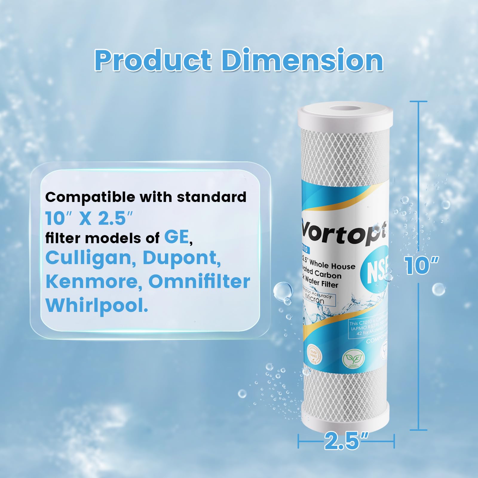 Vortopt 1 Micron 2.5" x 10" Whole House CTO Carbon Sediment Water Filter System - Replacement Cartridge for Any Standard RO Unit - Compatible with Dupont WFPFC8002, WFPFC9001, FXWTC, SCWH-5, 2 Pack