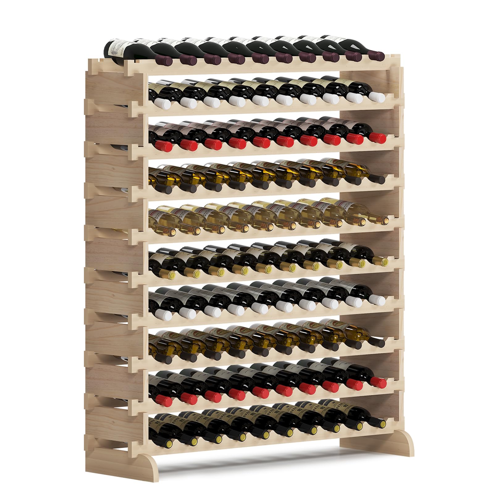 sogesfurniture Floor Wine Racks, Stackable Modular Wine Rack Large Wine Storage Rack Free Standing Solid Natural Wood Wine Holder Display Shelves, (Natural, 10 X 10 Rows (100 Slots)), BHUS-BY-WS100