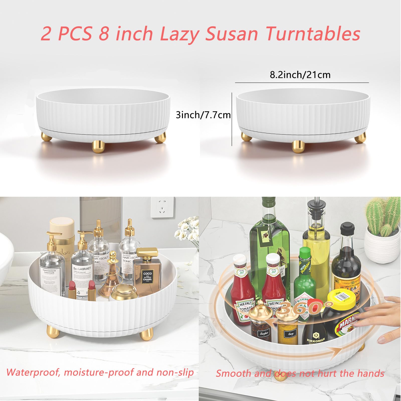 2 PCS 8 Inch Lazy Susan Turntable, Small Lazy Susan Turntable Organizer for Cabinet, Plastic Spice Rack Organizer, Rotating Storage Rack for Kitchen, Fridge, Countertop, Makeup, Condiments (White)