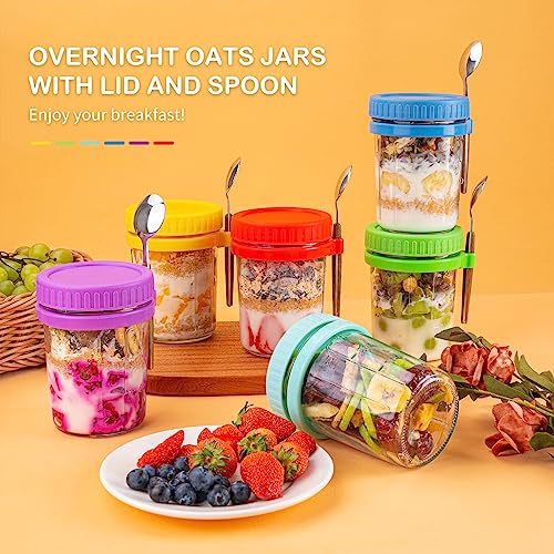 Overnight Oats Jars with Spoon and Lid (15 oz6Pack), Airtight Oatmeal Container with Measurement Marks, Mason Jars with Lid for Cereal On The Go Container (6Pack)