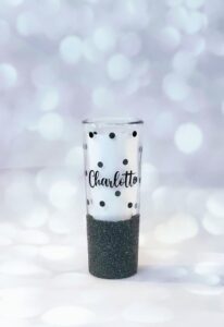 birthday wine glass, glitter shot glass, name, polka dots, shot