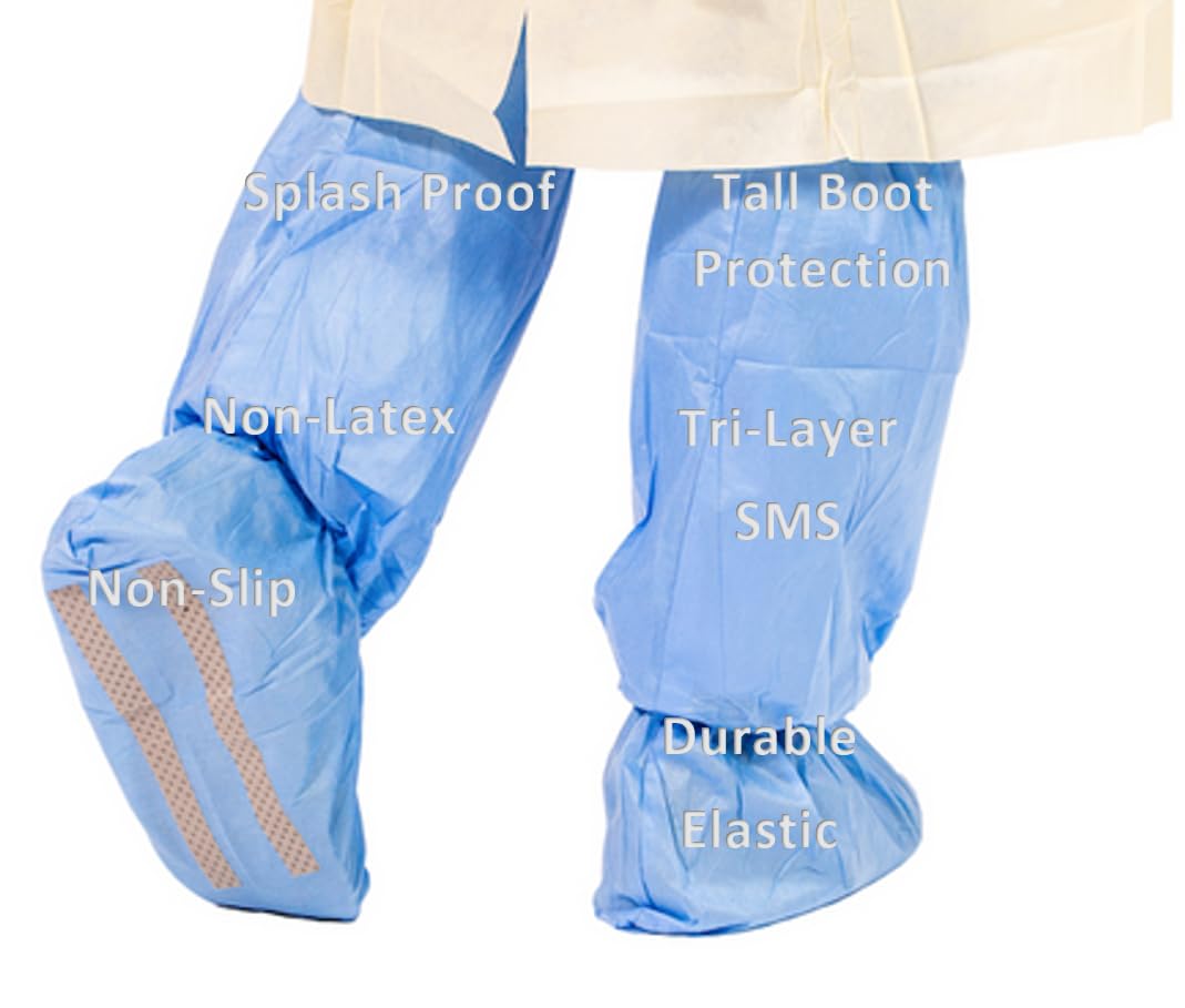 Tri-Layer SMS 18" Tall Heavy Duty Disposable Medical Grade Boot and Shoe Covers Non-Slip Protectors - Protect from Water, Fluids, Dust, Dirt, Mud, Snow, Sand, Grass, and other Mess! (10 Pairs)