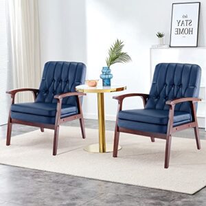 setawix pu leather accent arm chairs set of 2, solid wood mid century living room chair with arms,faux leather upholstered single sofa chair,farmhouse channel tufted reading bedroom chair (navy, 2pc)