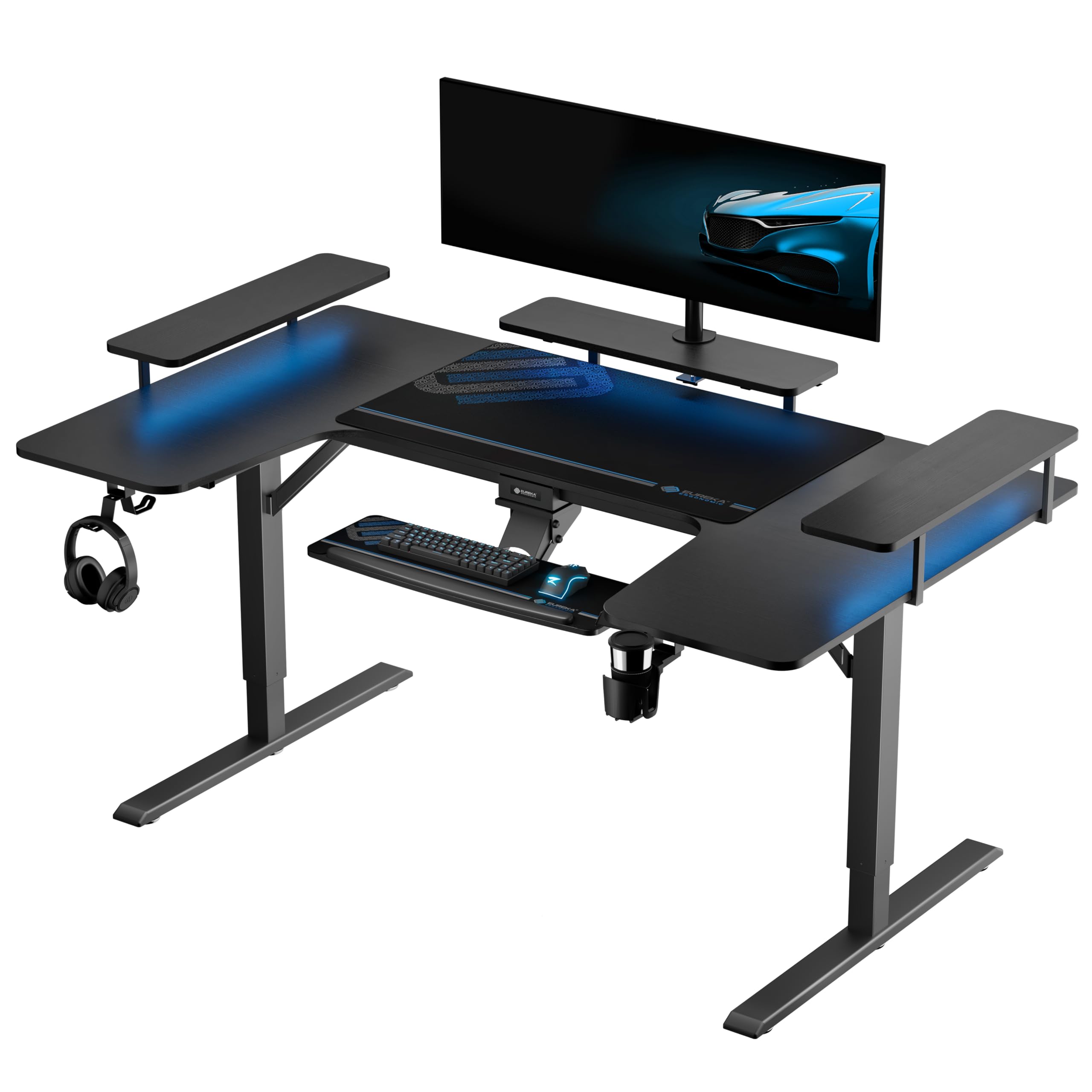 EUREKA ERGONOMIC Standing Desk with Keyboard Tray,U-Shaped 74 Inch Large Gaming Desk,Electric Height Adjustable Music Studio Desk,Sit Stand Office Desk LED Convertible Shelves