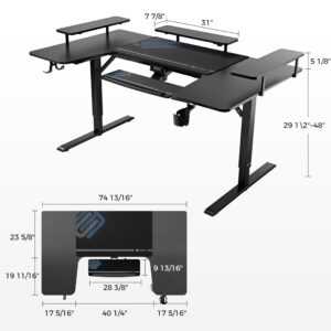 EUREKA ERGONOMIC Standing Desk with Keyboard Tray,U-Shaped 74 Inch Large Gaming Desk,Electric Height Adjustable Music Studio Desk,Sit Stand Office Desk LED Convertible Shelves