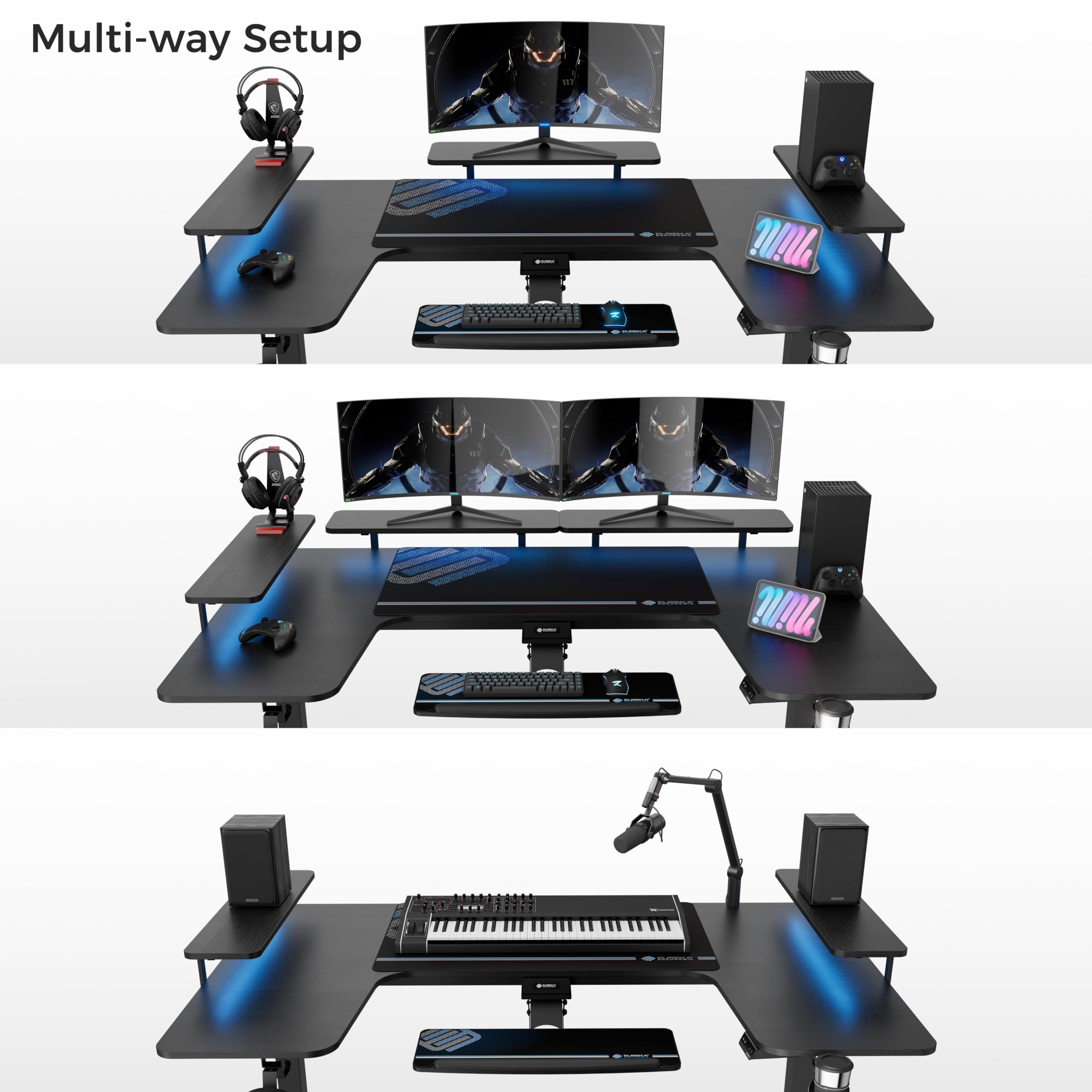 EUREKA ERGONOMIC Standing Desk with Keyboard Tray,U-Shaped 74 Inch Large Gaming Desk,Electric Height Adjustable Music Studio Desk,Sit Stand Office Desk LED Convertible Shelves