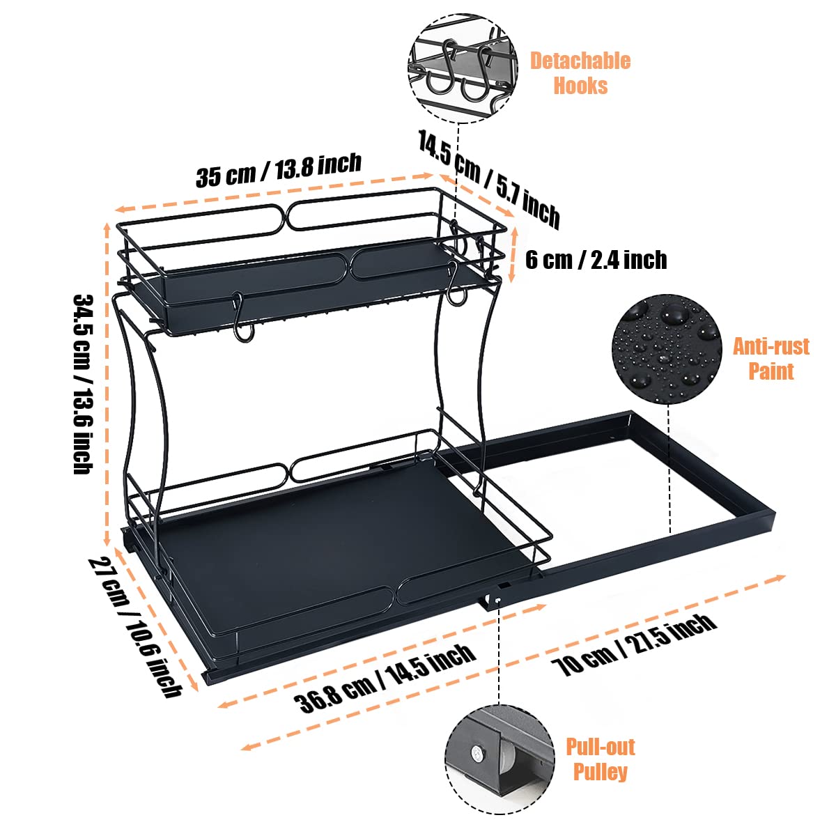 GO-CHUNRIQIN Pull Out Cabinet Organizer 2 Tier Under Sink Cabinet Organizer Storage Shelf with Sliding Storage Basket for Kitchen Bathroom Laundry Room, Request at Least 11 inch Cabinet Opening