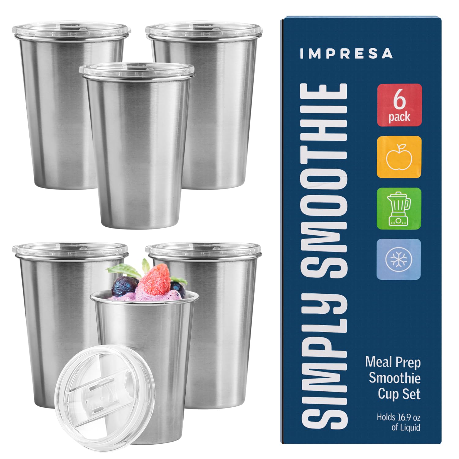 IMPRESA [6 Pack Stainless Steel Meal Prep Cups - Freezable Juice & Smoothie Jars with Lids - Convenient Smoothie Cups to Go - Stainless - Meal Prep Bottle - Juice Containers with Lids - 16.9oz