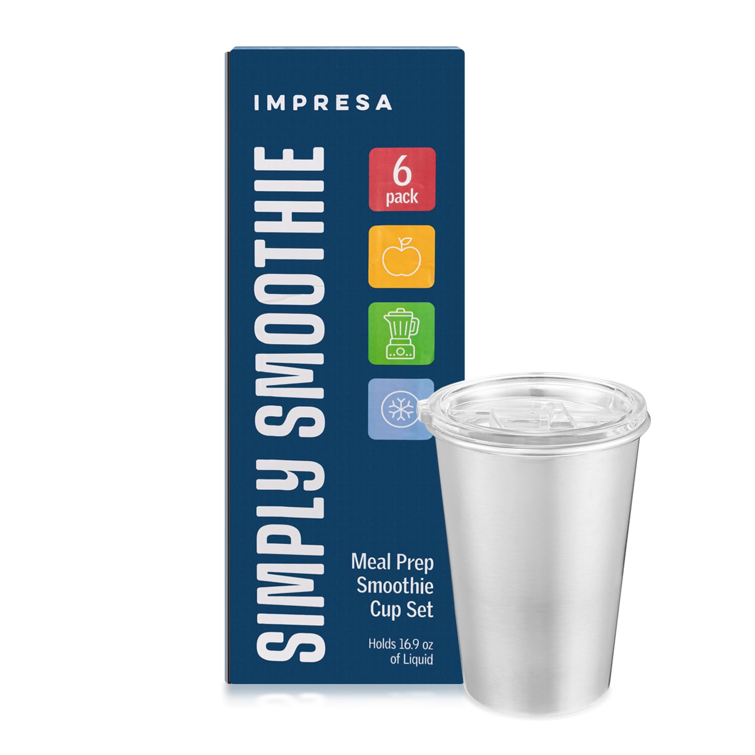 IMPRESA [6 Pack Stainless Steel Meal Prep Cups - Freezable Juice & Smoothie Jars with Lids - Convenient Smoothie Cups to Go - Stainless - Meal Prep Bottle - Juice Containers with Lids - 16.9oz