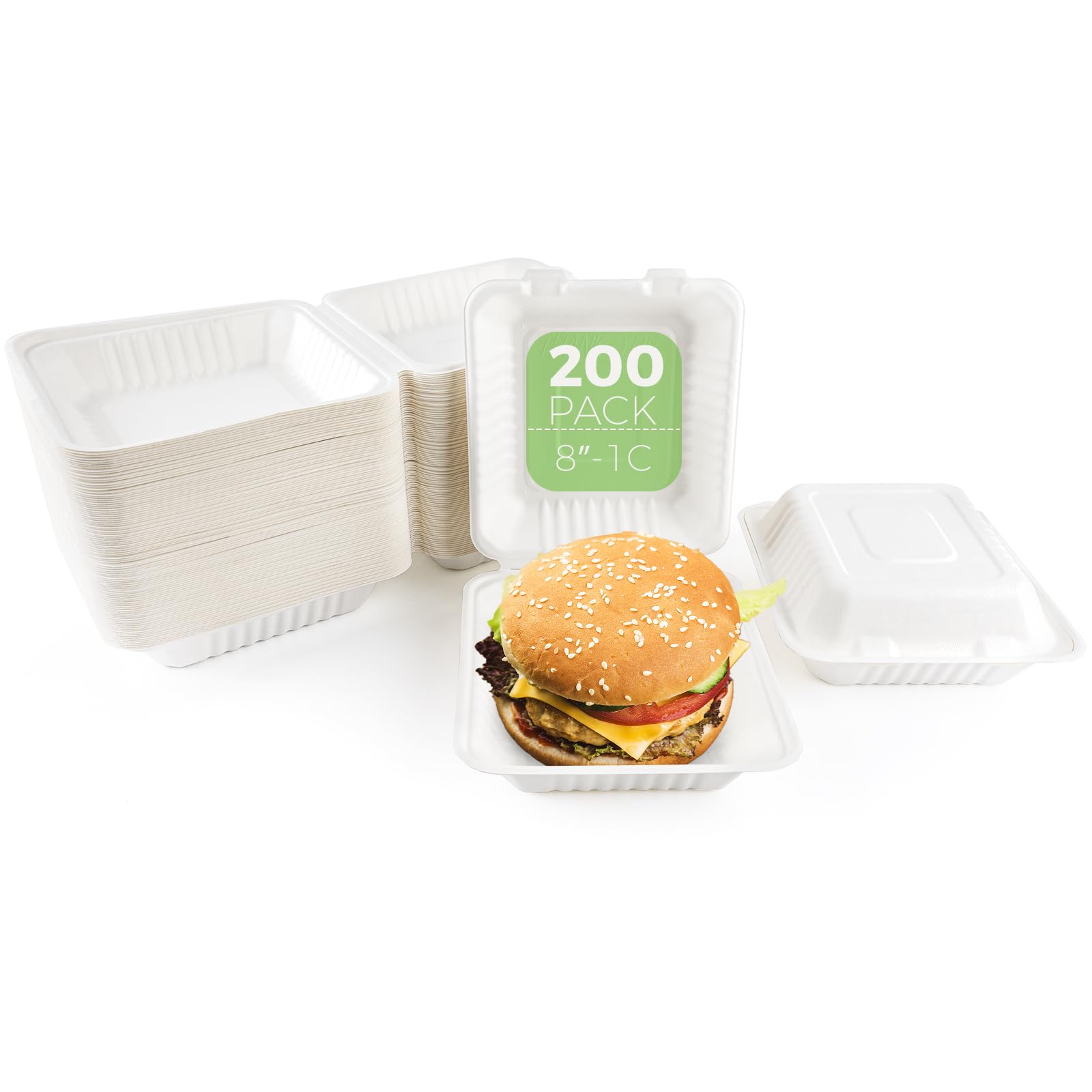 Azure Zone, 8 Inch, 1-Compartment Compostable Disposable Clamshell, 200 Pack, Eco Friendly, Biodegradable Made of Sugar Cane Fibers