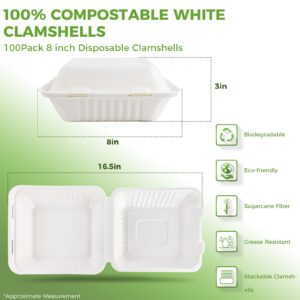 Azure Zone, 8 Inch, 1-Compartment Compostable Disposable Clamshell, 200 Pack, Eco Friendly, Biodegradable Made of Sugar Cane Fibers