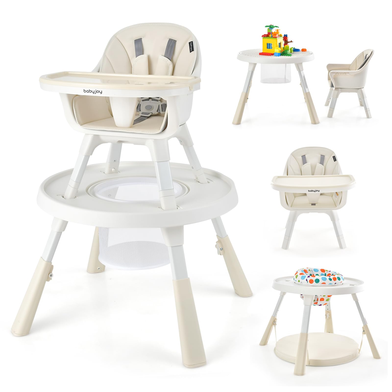 BABY JOY 7 in 1 Baby High Chair, Convertible Infant Feeding Chair w/Removable Tray, Adjustable Legs & Storage Basket, Toddler Building Block Table/Kids Table & Chair Set, Beige