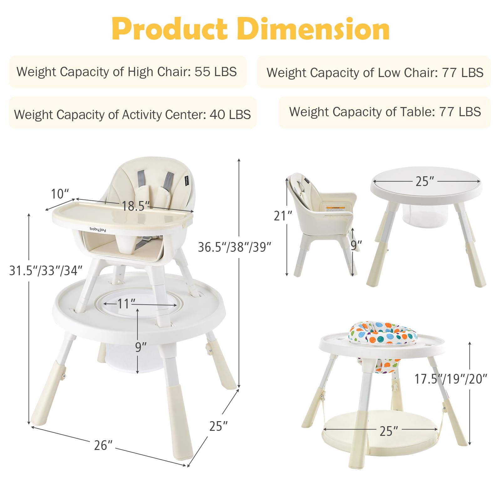 BABY JOY 7 in 1 Baby High Chair, Convertible Infant Feeding Chair w/Removable Tray, Adjustable Legs & Storage Basket, Toddler Building Block Table/Kids Table & Chair Set, Beige