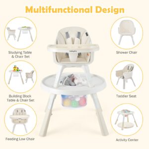 BABY JOY 7 in 1 Baby High Chair, Convertible Infant Feeding Chair w/Removable Tray, Adjustable Legs & Storage Basket, Toddler Building Block Table/Kids Table & Chair Set, Beige