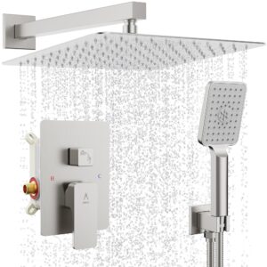 shower system modern rain 12 inches brass shower faucet set with valve and diverter shower mixer with handheld high pressure square rainfall shower rough-in valve (12‘’, brushed nickel)