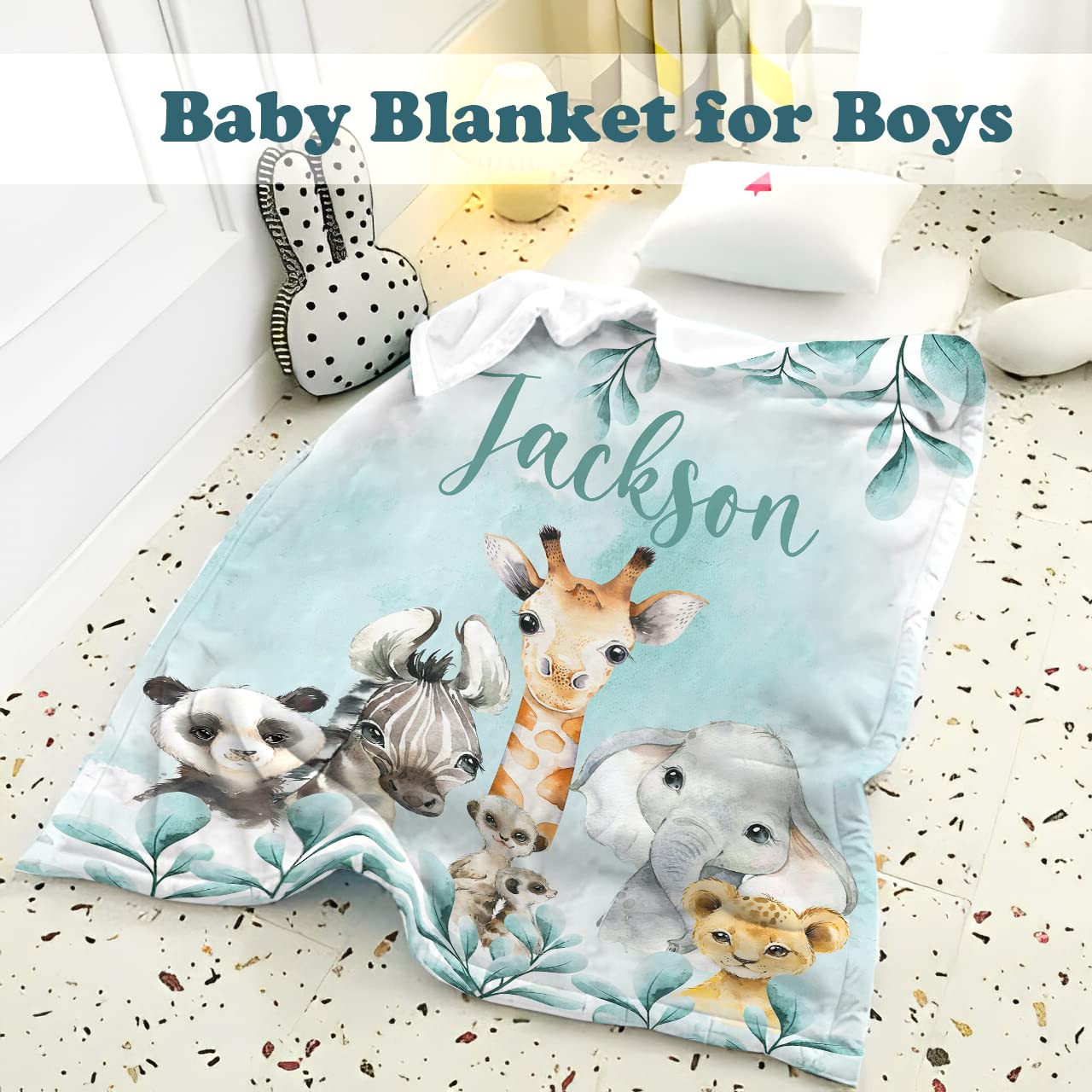 UJDUYSD Personalized Baby Blanket for Boys, Custom Baby Blanket with Name Super Soft Personalized Name Blankets for Kids, Custom Animals Blanket for Infant Toddler, Baby Gift Blanket for Birthday