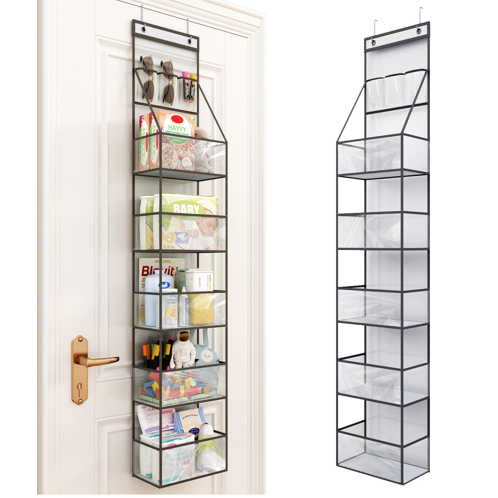 Fixwal 6-Shelf Over The Door Hanging Pantry Organizer Hanging Storage with Clear Plastic Pockets Behind The Door Storage Organizer with 3 Small PVC Pockets for Closet Bedroom Bathroom (Grey)