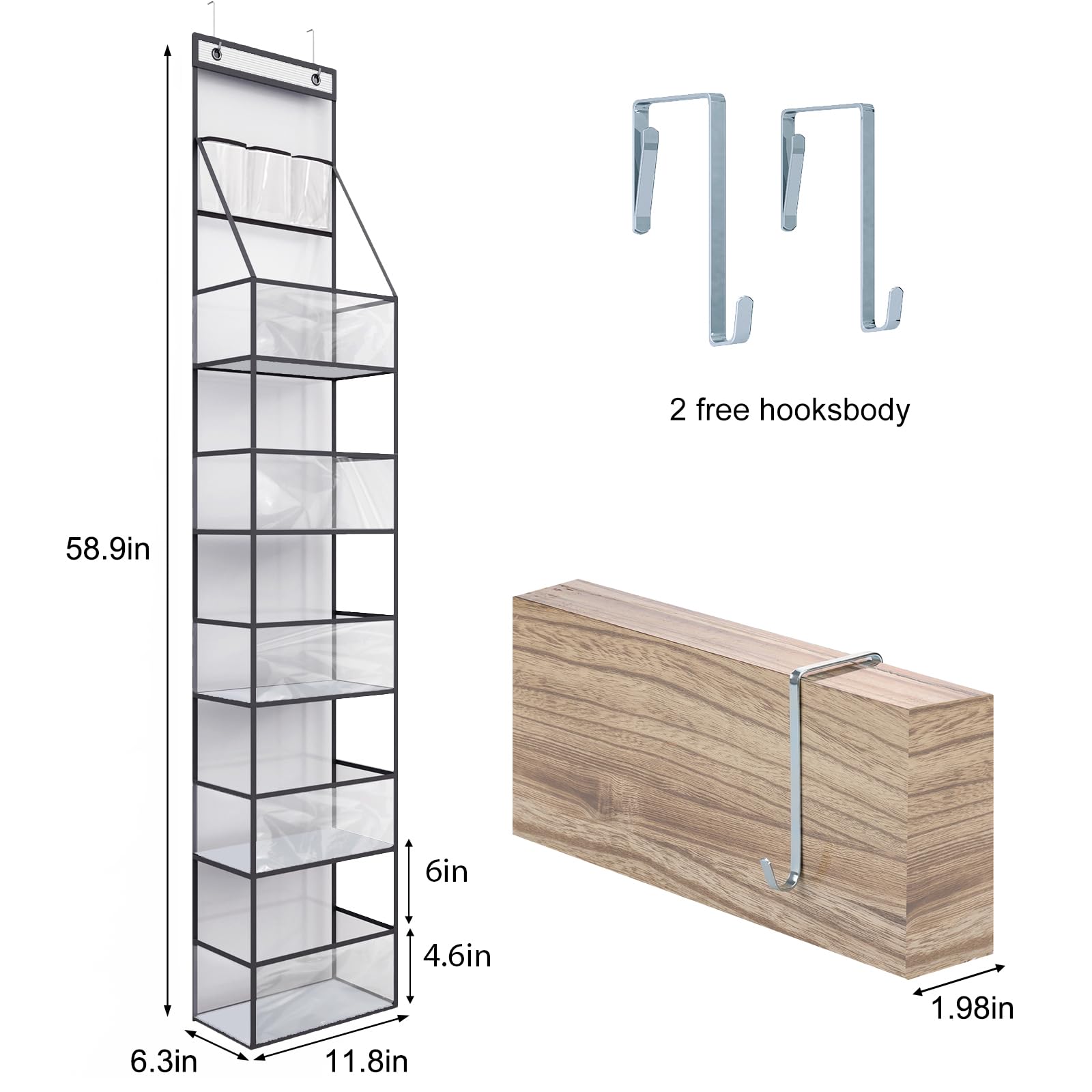 Fixwal 6-Shelf Over The Door Hanging Pantry Organizer Hanging Storage with Clear Plastic Pockets Behind The Door Storage Organizer with 3 Small PVC Pockets for Closet Bedroom Bathroom (Grey)