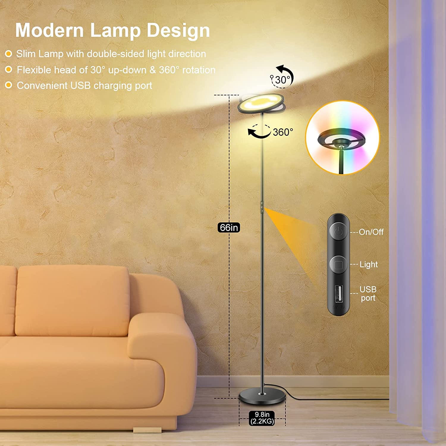 Upgraded 30W Smart Floor Lamp with USB, Double-Side Lighting & Color Changing and White Light 2 in 1 LED Lamp, Super Bright Dimmable Modern Stand Floor Lamp for Living Room Bedroom Office