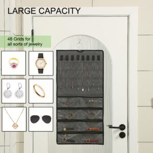 Qupzsen Hanging Jewelry Organizer, Double-Sided 48 Pockets, Storage Roll with Hanger Metal Hooks, Jewelry Holder for Necklaces, Earrings, Rings on Closet, Wall, Door, 1 Pcs, Grey