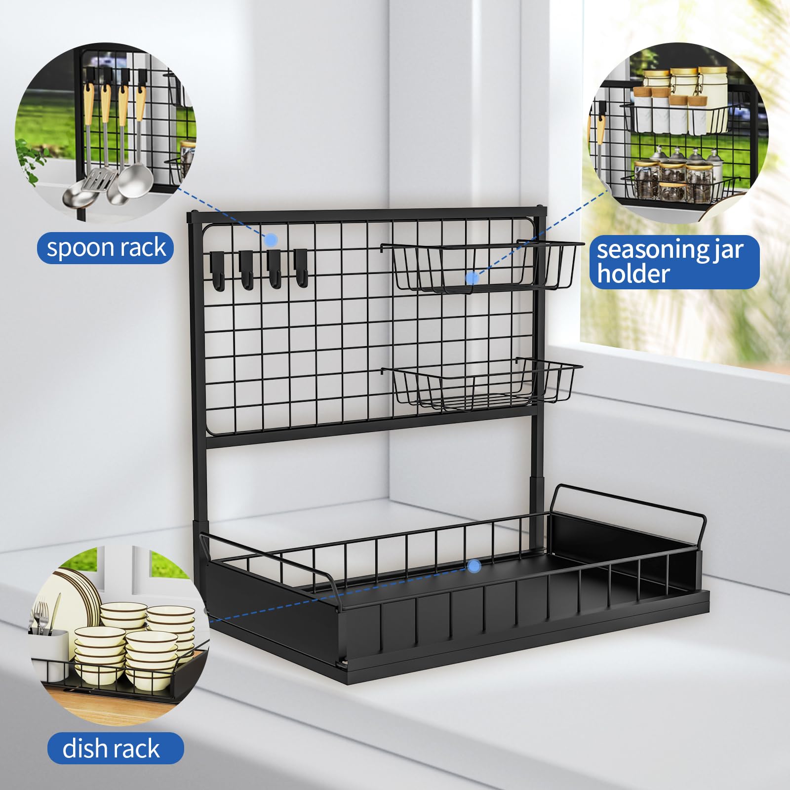 UBUISOTKZ Non-deformable Dish Drying Rack,Stainless Steel Dish Drainer with Cutting Board Holder Pull-Out Baskets, Dish Racks for Kitchen Counter Organizer Space Saver-Black