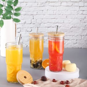 ASANMEYO 2 Pcs 24 oz Glass Cups With Bamboo Lids and Straws & 2 Airtight Lids, Reusable Smoothie Cup Mason Jar Drinking Glasses Iced Coffee Cups Glass Tumbler for Bubble Tea, Juice, Gift