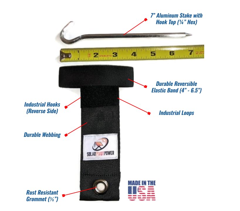 Solar Stakes - Anchor Portable Solar Panels with Seamless Add-on, Heavy Duty Strap with Hook/Loop and Elastic, 7" Aluminum Stake, Prevents Wind Tipping