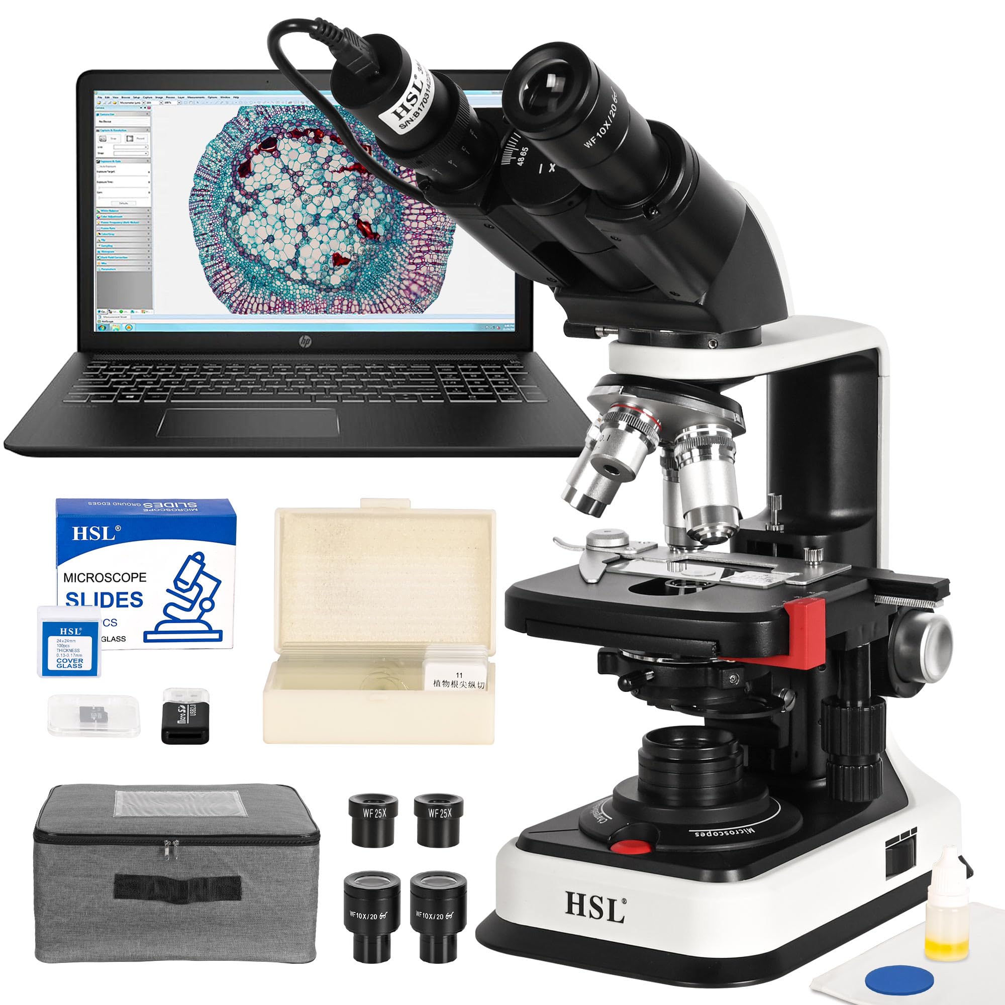 HSL 40X-2500X Binocular Compound Microscope Profesional,3MP Camera Electron microscopes for Adults,Biological lab microscopio 1000x 400X Mechanical Stage Digital abbe Condenser