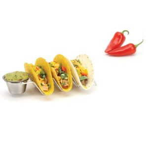 Taco Holder Stand, Stainless Steel Taco Rack 3 Grid V Shaped Taco Holder Rack Taco Tray with Sauce Cup, Metal Corn Tortilla Serving Tray Taco Plates Can Hold 3 Tacos for Home (with Sauce Cup)