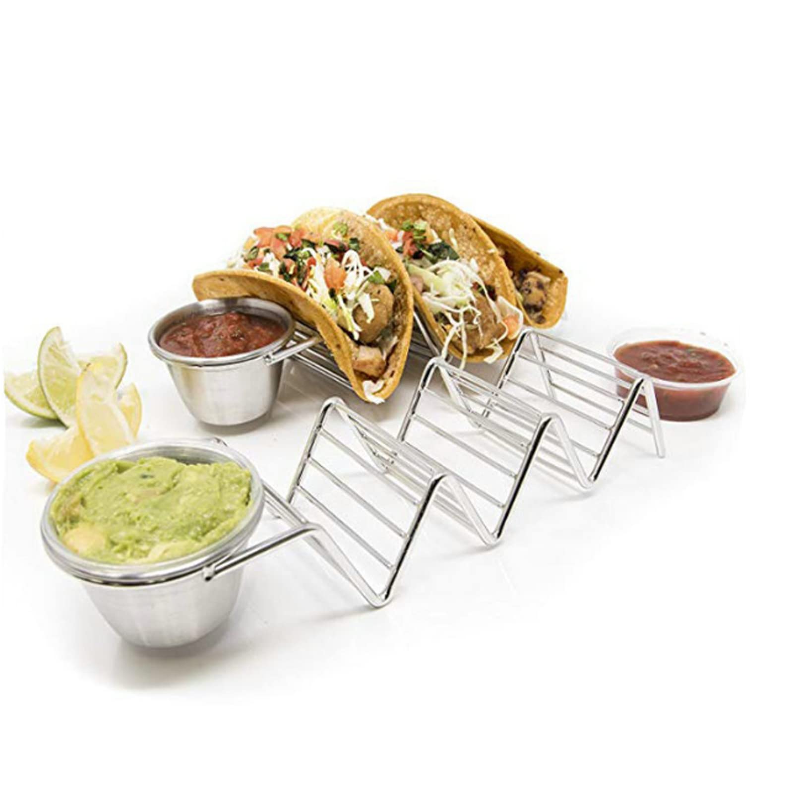 Taco Holder Stand, Stainless Steel Taco Rack 3 Grid V Shaped Taco Holder Rack Taco Tray with Sauce Cup, Metal Corn Tortilla Serving Tray Taco Plates Can Hold 3 Tacos for Home (with Sauce Cup)