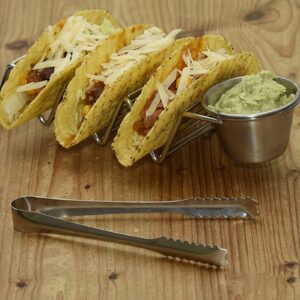 Taco Holder Stand, Stainless Steel Taco Rack 3 Grid V Shaped Taco Holder Rack Taco Tray with Sauce Cup, Metal Corn Tortilla Serving Tray Taco Plates Can Hold 3 Tacos for Home (with Sauce Cup)