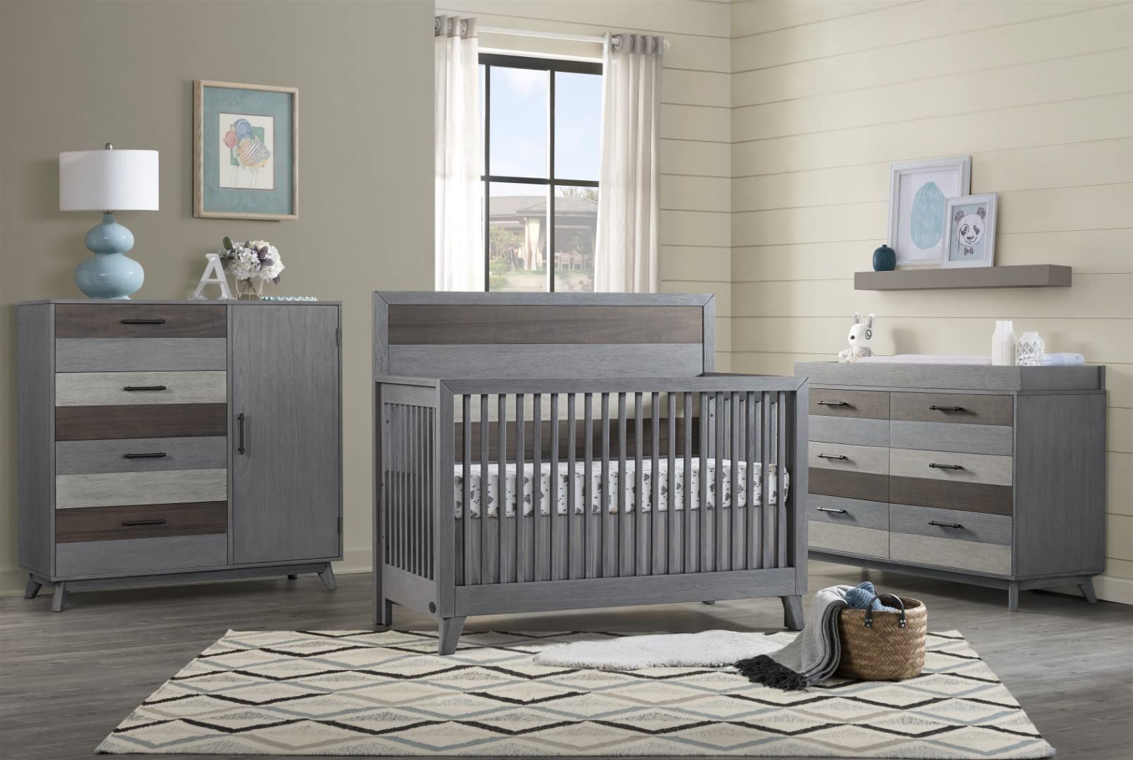 Soho Baby Cascade Premium Soft Closing 4-Drawer Chifferobe with Adjustable Shelves and Hanging Rod, Wire Brush Multi-Tone Gray Finish