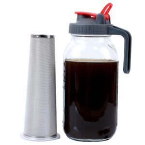 mason jar cold brew coffee maker 64 oz (2 quart) wide mouth iced coffee maker with pour spout handle lid and brew filter for icold brew coffee, iced tea, lemonade and beverages