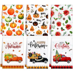 6 set holiday kitchen towels for halloween fall christmas decorative dishtowels,halloween hand towels absorbent dishcloths autumn tea towels wash cloths for thanksgiving christmas kitchen decor