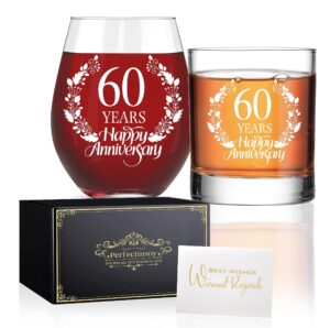 perfectinsoy 60 years happy anniversary whiskey glass and stemless wine glass gift set, 60th anniversary wedding gift for mom, dad, soulmate, couple, 60 years gifts, happy 60th anniversary