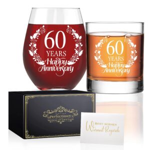 Perfectinsoy 60 Years Happy Anniversary Whiskey Glass and Stemless Wine Glass Gift Set, 60th Anniversary Wedding Gift For Mom, Dad, Soulmate, Couple, 60 Years Gifts, Happy 60th Anniversary