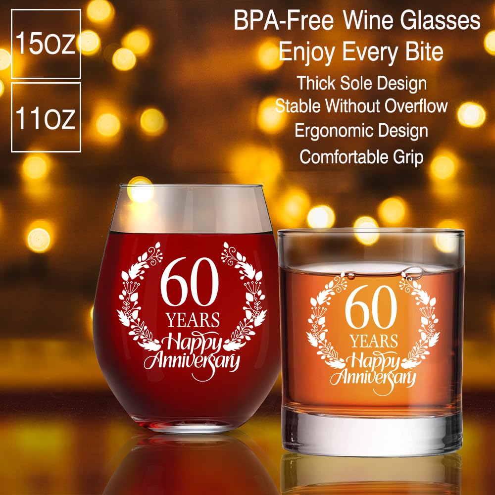 Perfectinsoy 60 Years Happy Anniversary Whiskey Glass and Stemless Wine Glass Gift Set, 60th Anniversary Wedding Gift For Mom, Dad, Soulmate, Couple, 60 Years Gifts, Happy 60th Anniversary