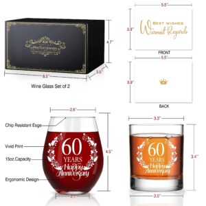 Perfectinsoy 60 Years Happy Anniversary Whiskey Glass and Stemless Wine Glass Gift Set, 60th Anniversary Wedding Gift For Mom, Dad, Soulmate, Couple, 60 Years Gifts, Happy 60th Anniversary