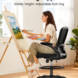 ErGear Drafting Chair, Standing Desk Chair with Flip-Up Armrests, High Desk Chair Adjustable Height, Ergonomic Tall Office Chair with Lumbar Support and Adjustable Footrest Ring