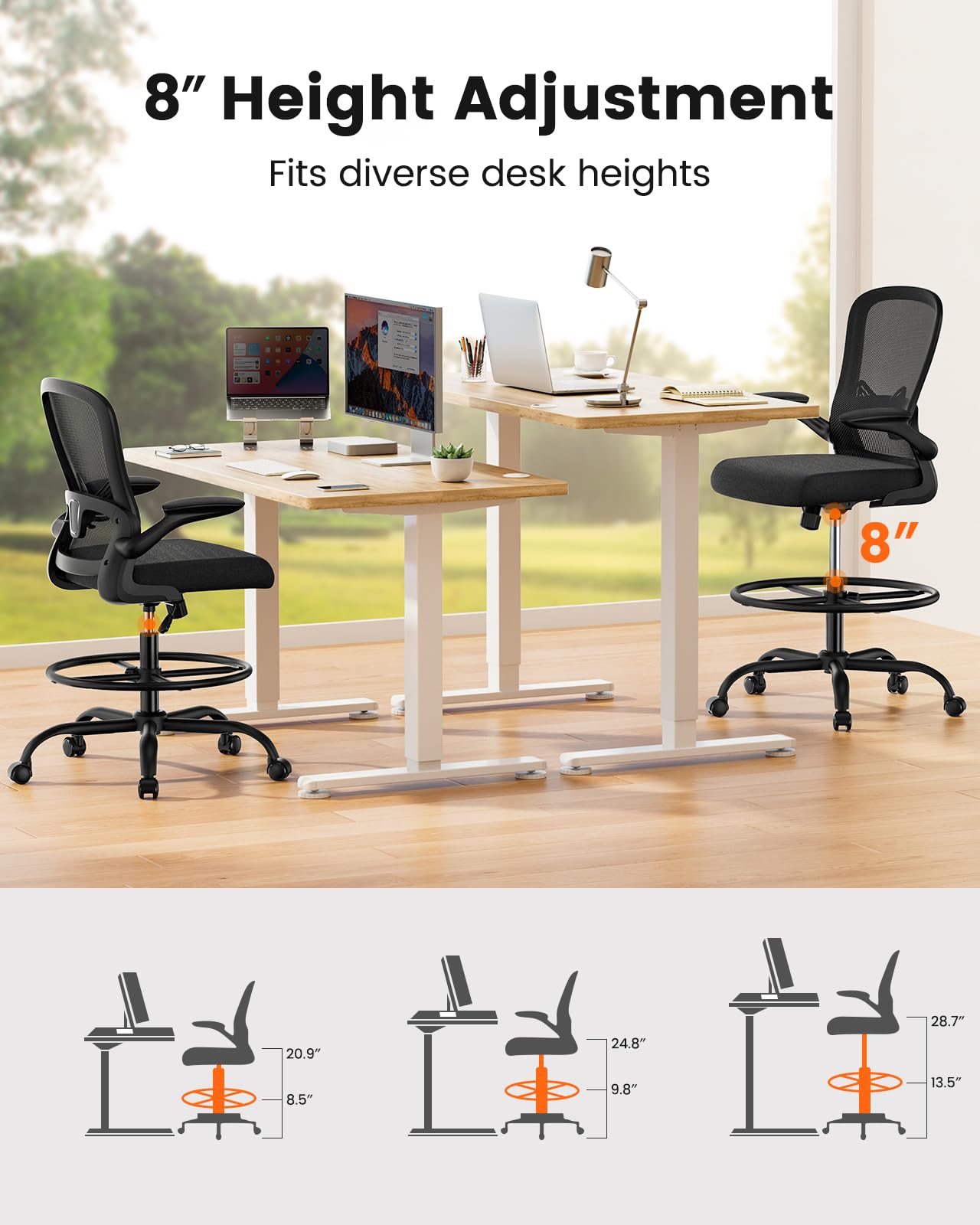 ErGear Drafting Chair, Standing Desk Chair with Flip-Up Armrests, High Desk Chair Adjustable Height, Ergonomic Tall Office Chair with Lumbar Support and Adjustable Footrest Ring