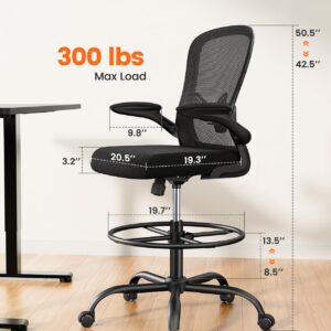 ErGear Drafting Chair, Standing Desk Chair with Flip-Up Armrests, High Desk Chair Adjustable Height, Ergonomic Tall Office Chair with Lumbar Support and Adjustable Footrest Ring