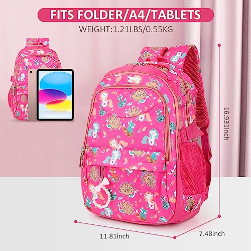 SARHLIO Toddler Backpack for Girls, Preschool Elementary School Daypack with Zipper, 17 Inch Waterproof Child Backpack for Travel & School, Animal Print Rose Red(BPK18C-RD)